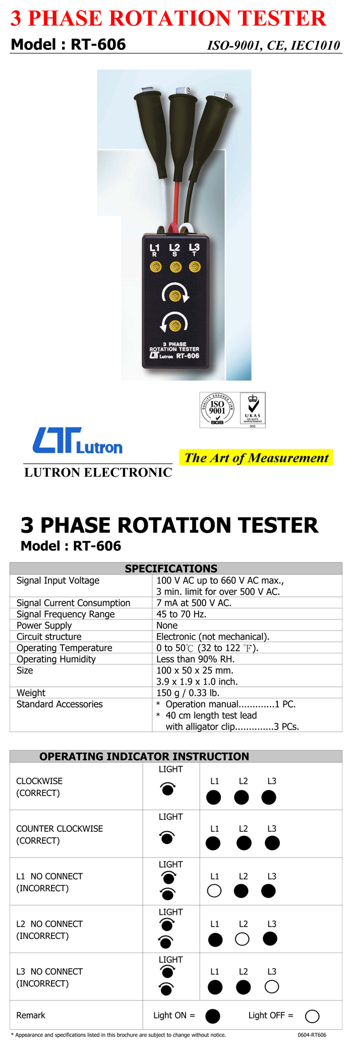 상품 상세보기 : 3 Phase Rotation (3상 측정기) - RT-606 3 Phase Rotation Tester